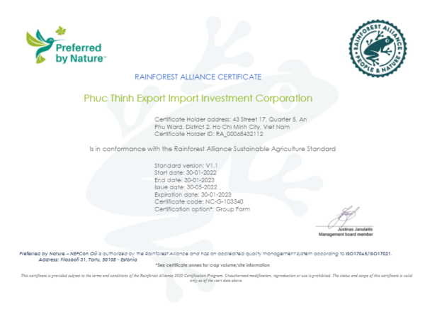 Continue to get international certificate Rainforest Alliance – PTEXIM CORP